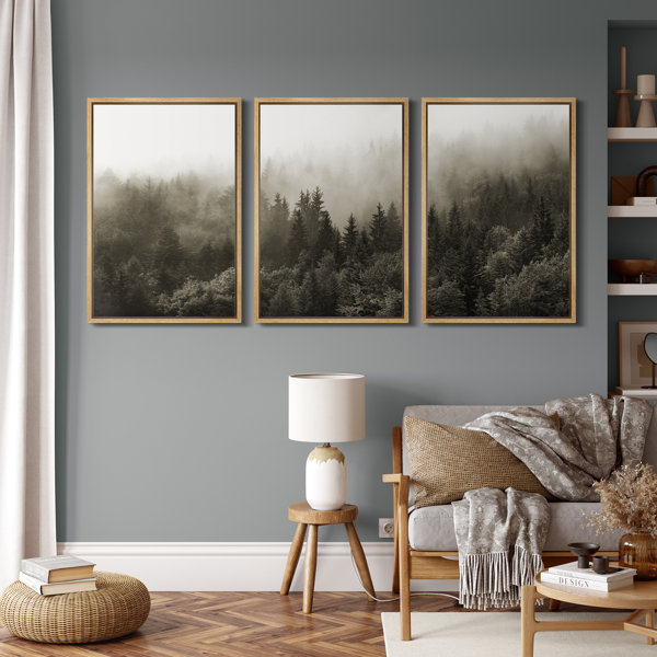 IDEA4WALL Framed Canvas Print Wall Art Woodland Nursery Decor Set Fog & Mist Over Blue Pine Tree ...